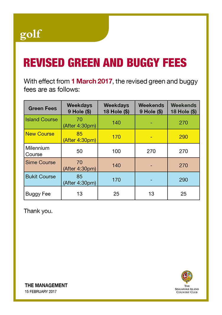 Revised Green and Buggy Fees – The Singapore Island Country Club