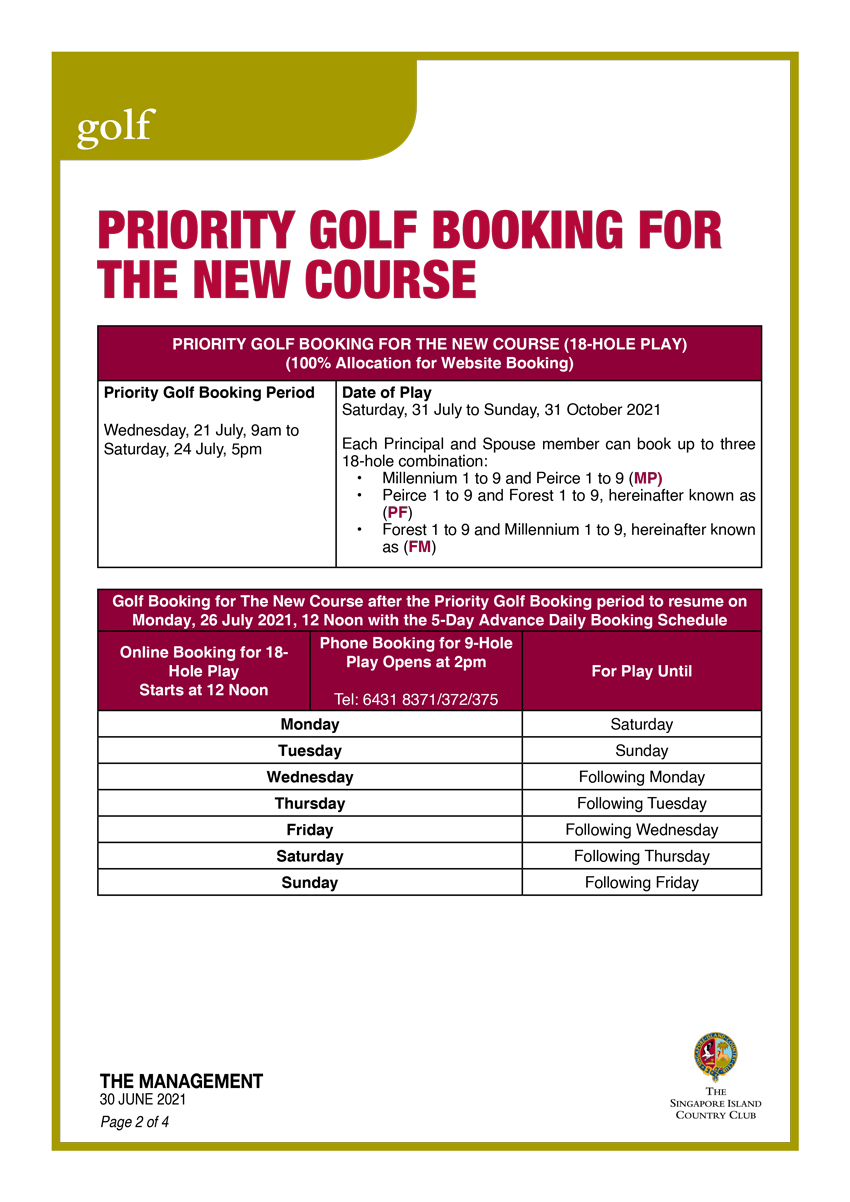 Golf Booking – 2021 – The Singapore Island Country Club